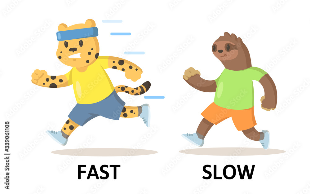 Words fast and slow textcard with cartoon cheetah and sloth characters ...