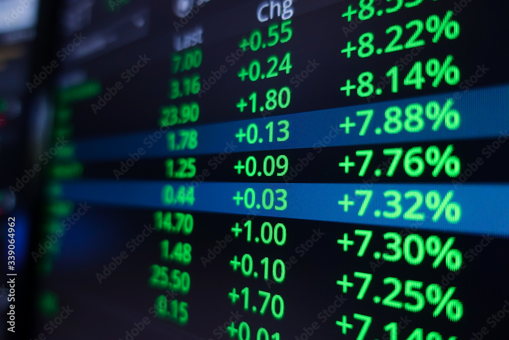 Stock market trading ticker on screen monitor background. Financial ...