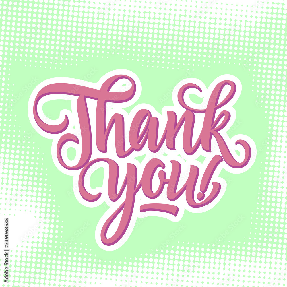 Thank you inscription with exclamation mark on light green background ...