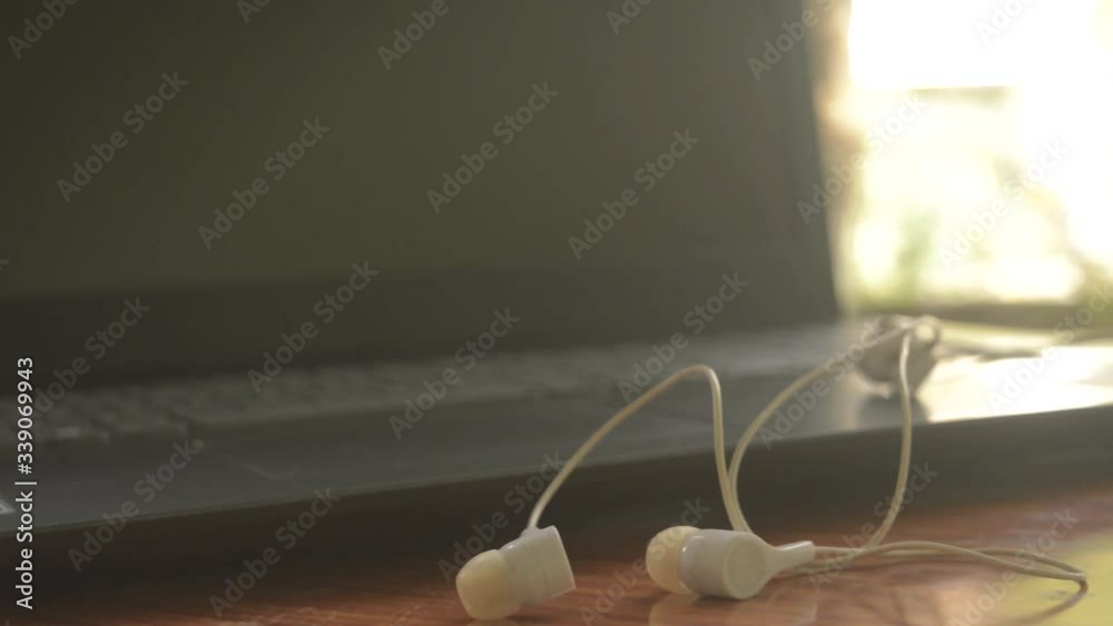 Close-up of headphones (Ear plugs jack) for listening to music and ...