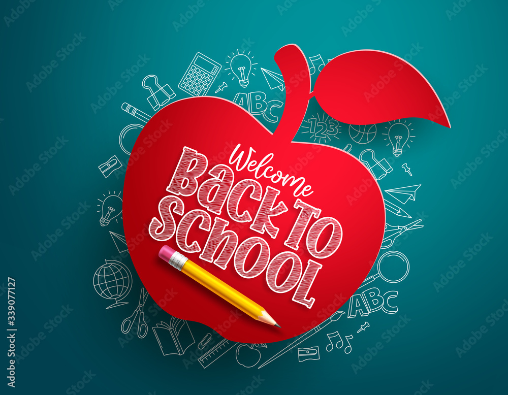 Back to school apple vector banner. Back to school text in red paper ...