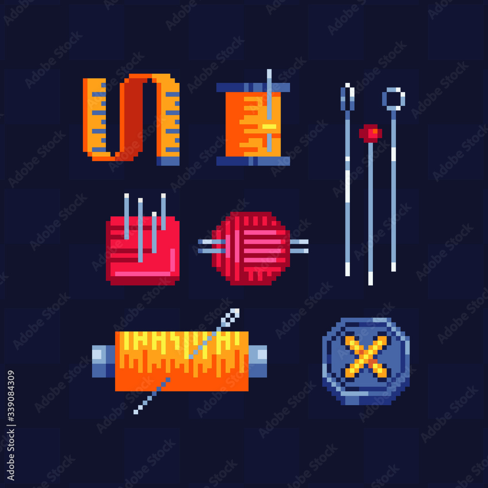 Threads and needles pixel art icons set, measuring tape, knitting ...