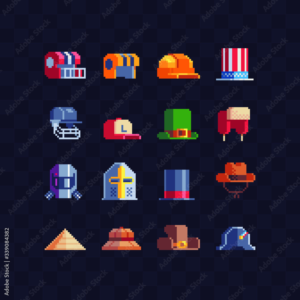 Pixel art hats icon set. Women's and men's accessories. Isolated vector ...