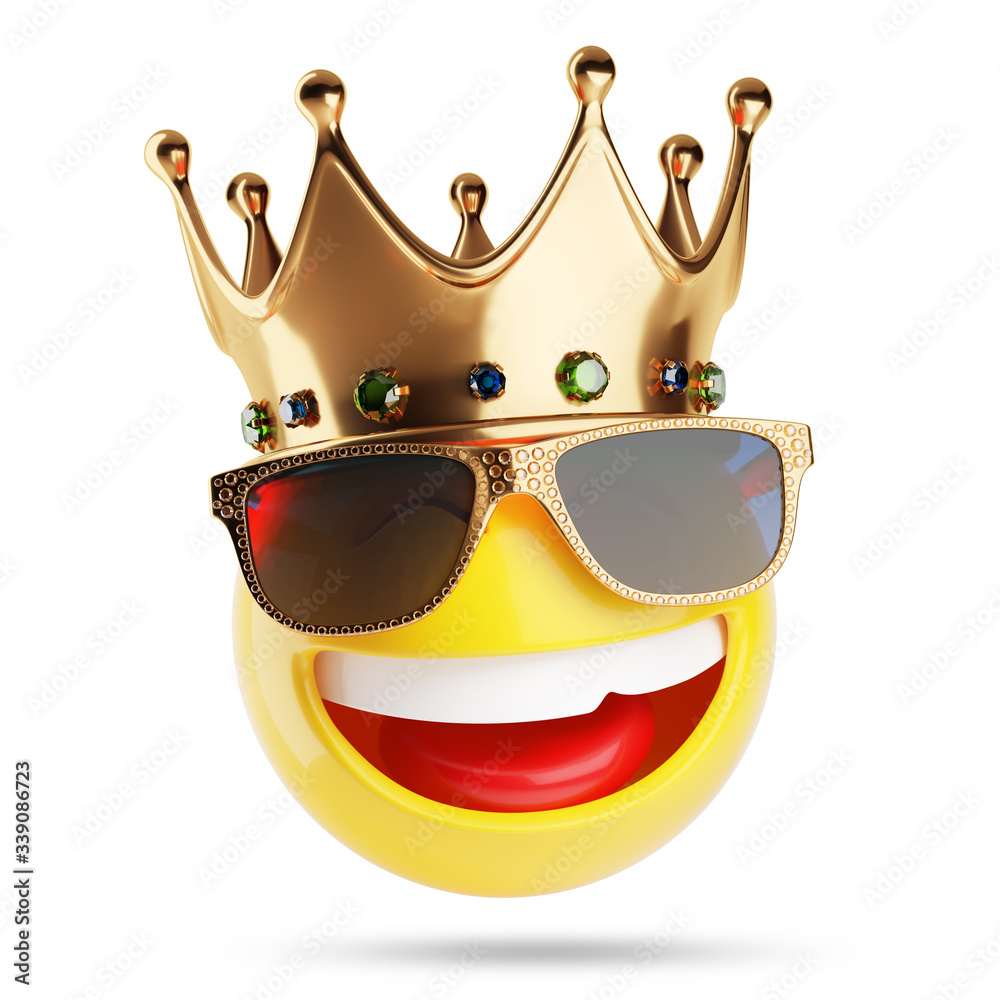 Smiling cool emoji with glamorous golden sunglass and a royal crown ...