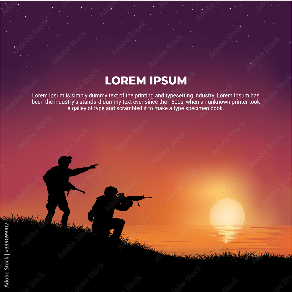 Silhouette Soldier shooting with gun in sunset background. War ...