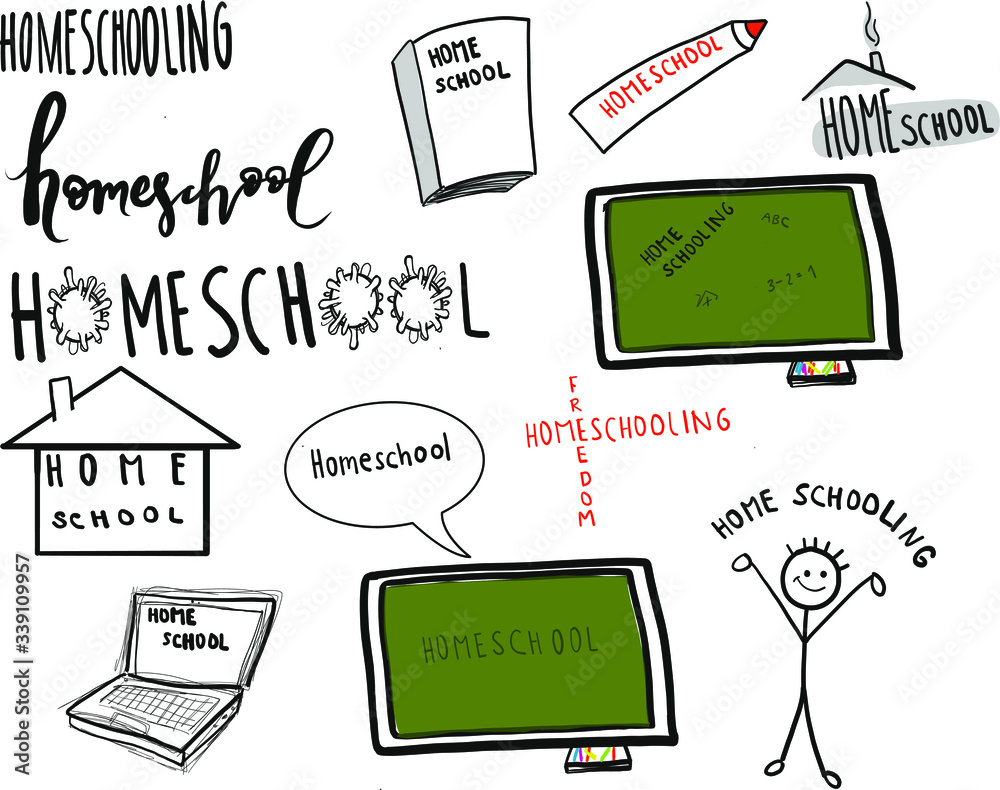 Homeschooling sign school learning at home symbols vector illustrations ...