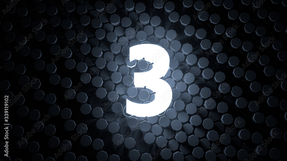 stylish white number three on black futuristic hexagonal background ...