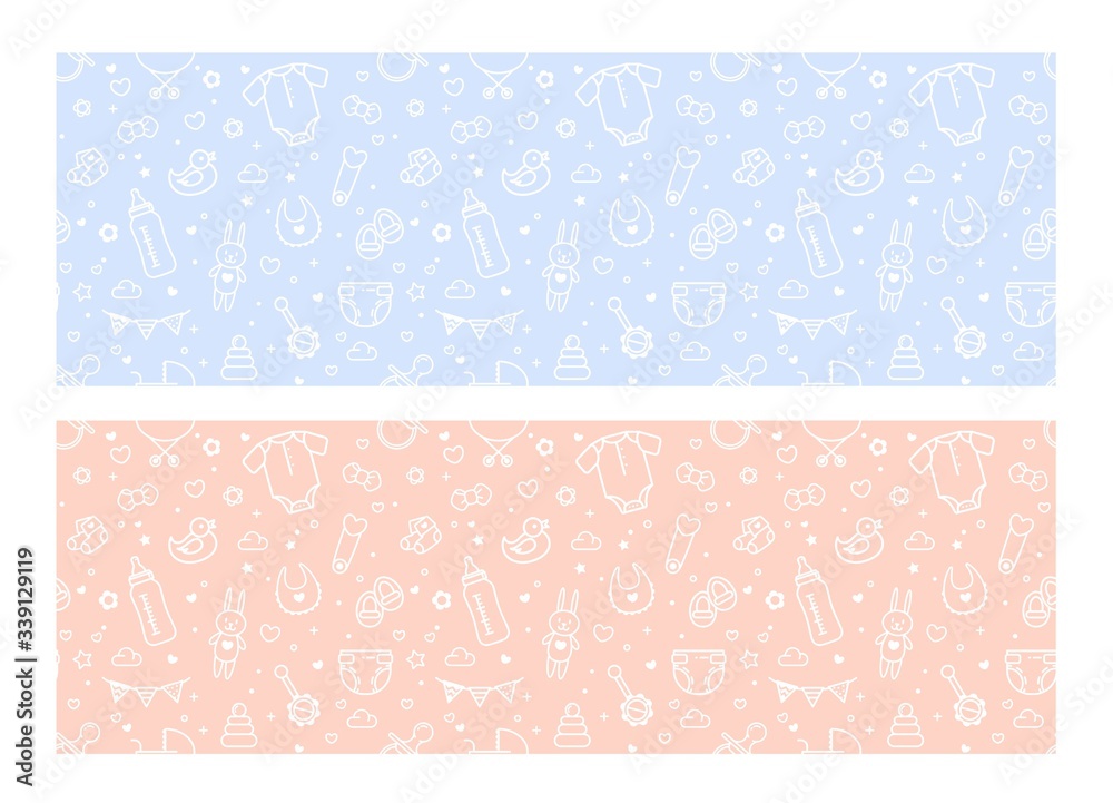 Set of Baby Related Seamless Patterns In Pink and Blue Colors. Vector ...