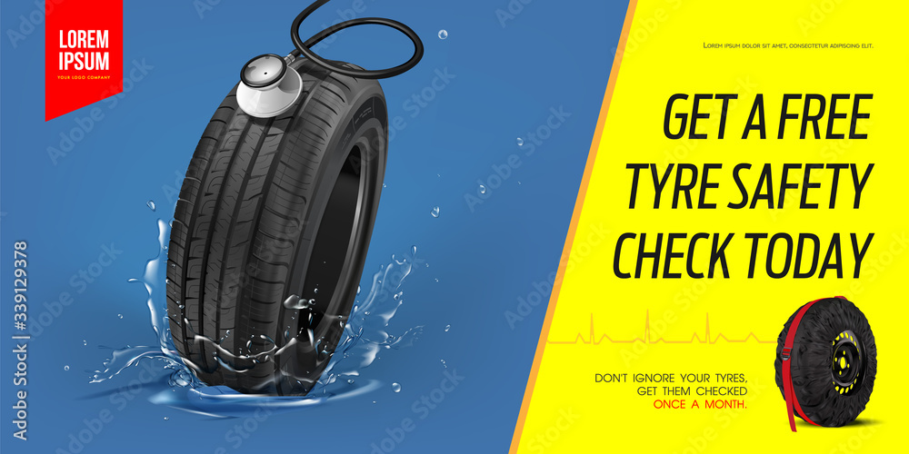 Tyre poster GET A FREE TYRE SAFETY CHECK TODAY.Discount. Black rubber ...