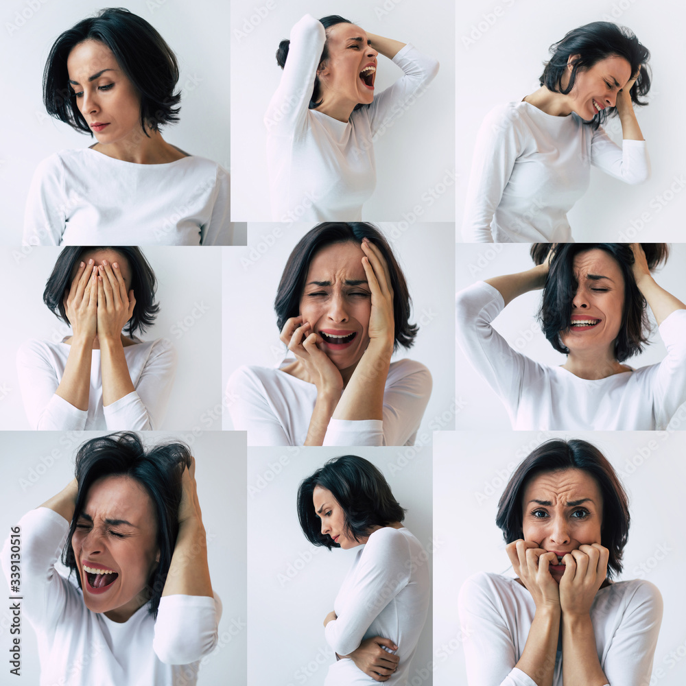 Mental issues. Photo collage of nine images depicting sadness, anger ...