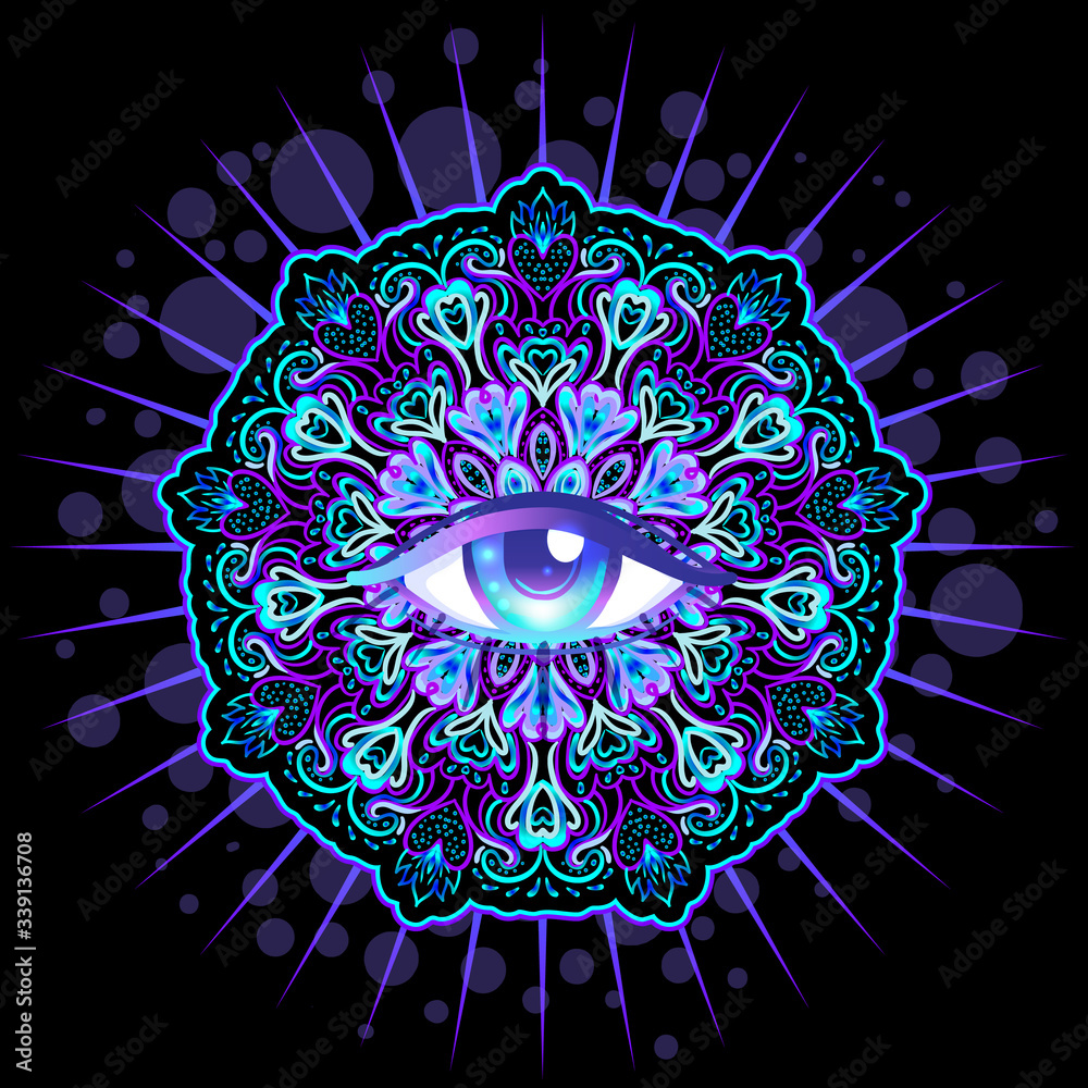 Sacred geometry symbol with all seeing eye in acid colors. Mystic ...