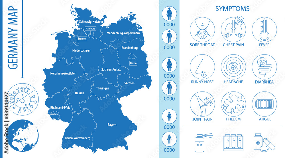 Germany map with pictograms and icons of Covid-19 simpoms and other ...