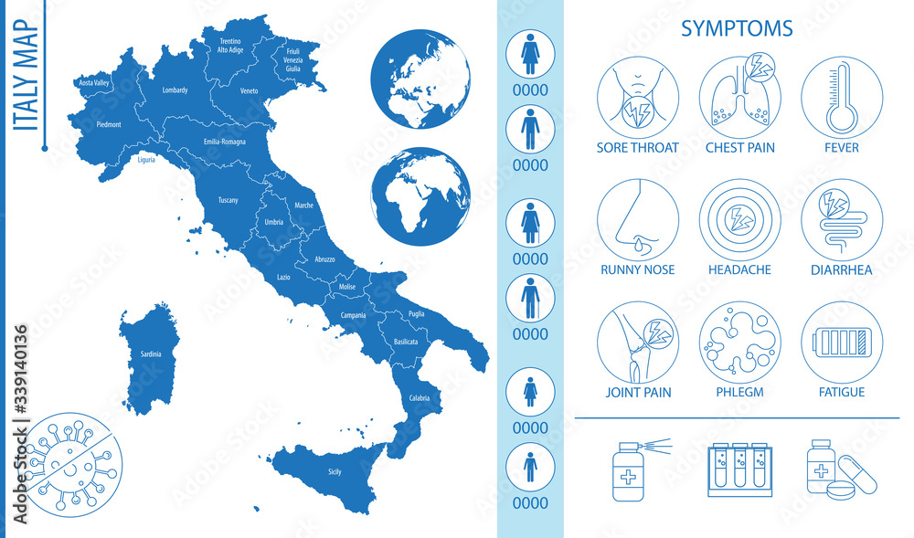 Italy map with pictograms and symptom icons, Covid-19 and other ...