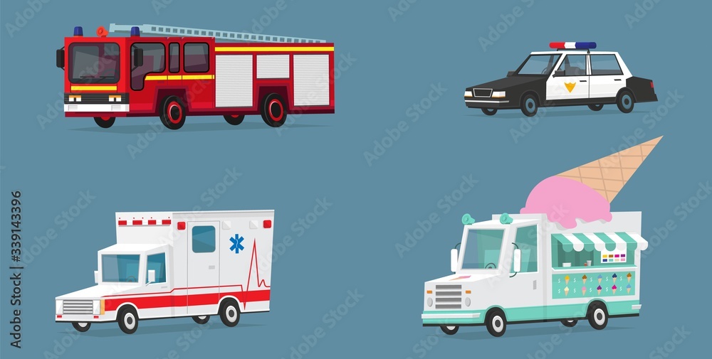Set of different types of automobiles in cartoon style. Police car ...