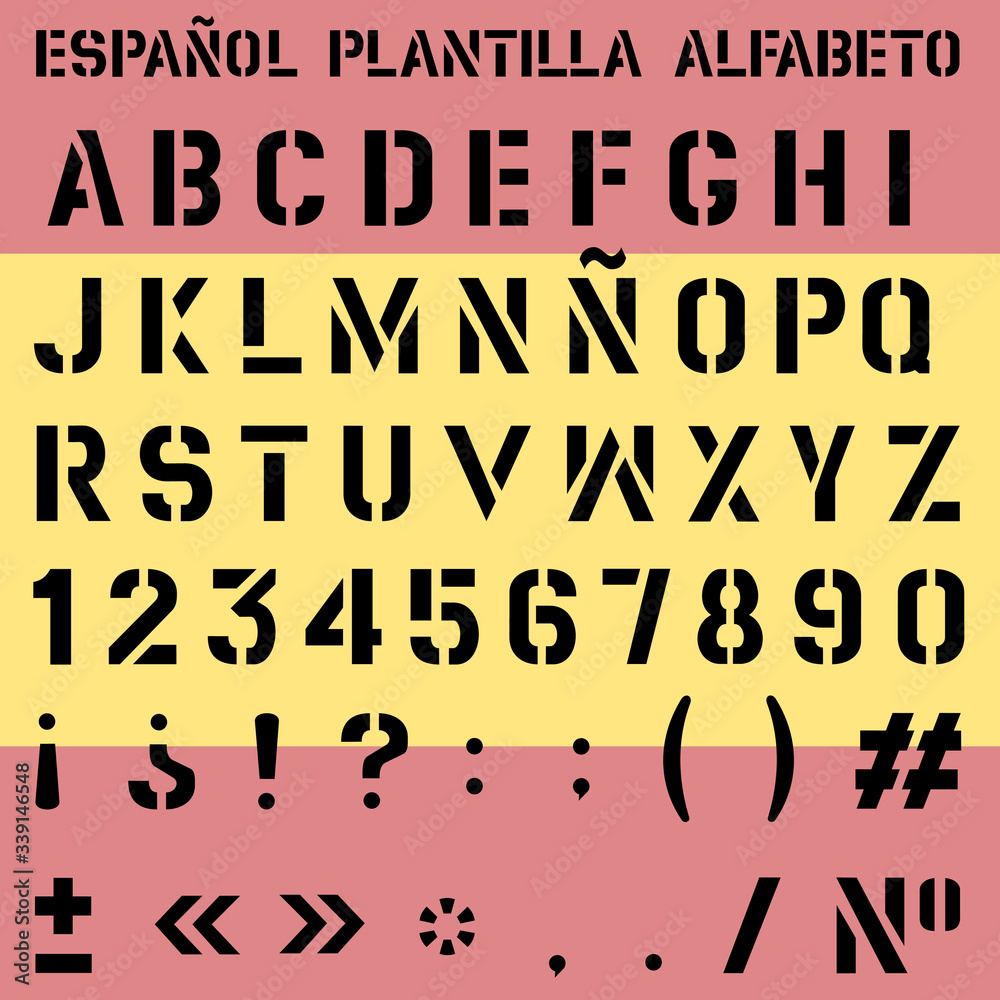 Vector Spanish stencil alphabet font numbers and punctuation marks ...