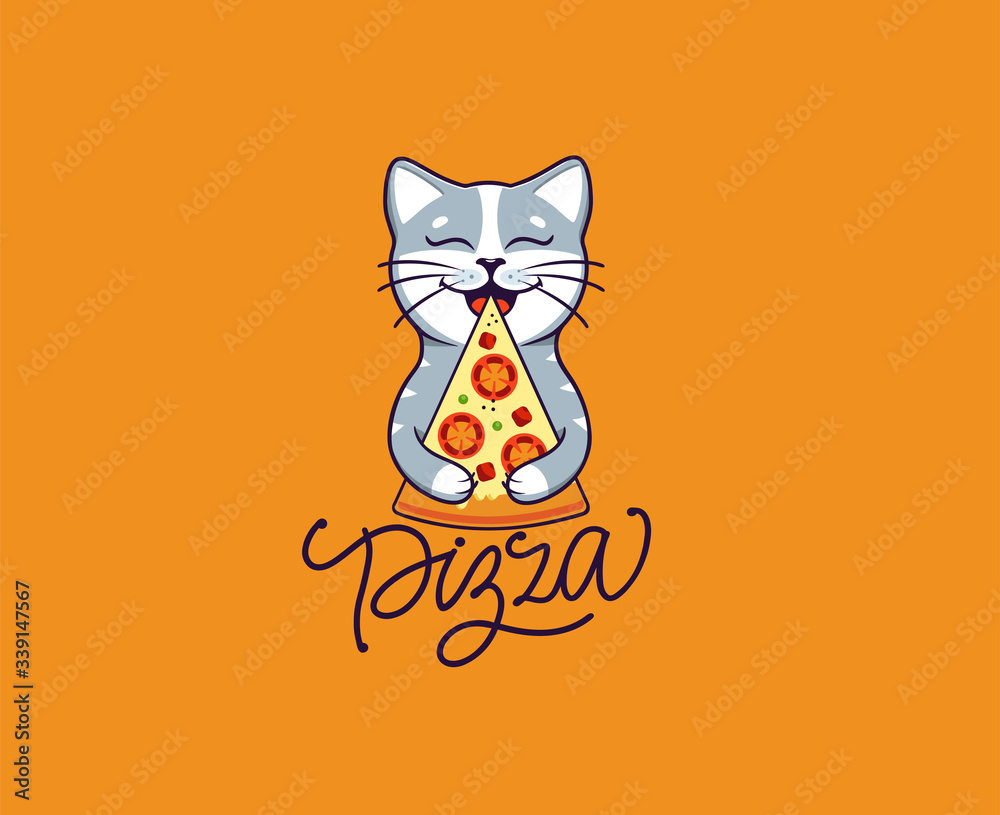 1 The funny cat eats pizza, logo. Kitty cartoon character, food ...