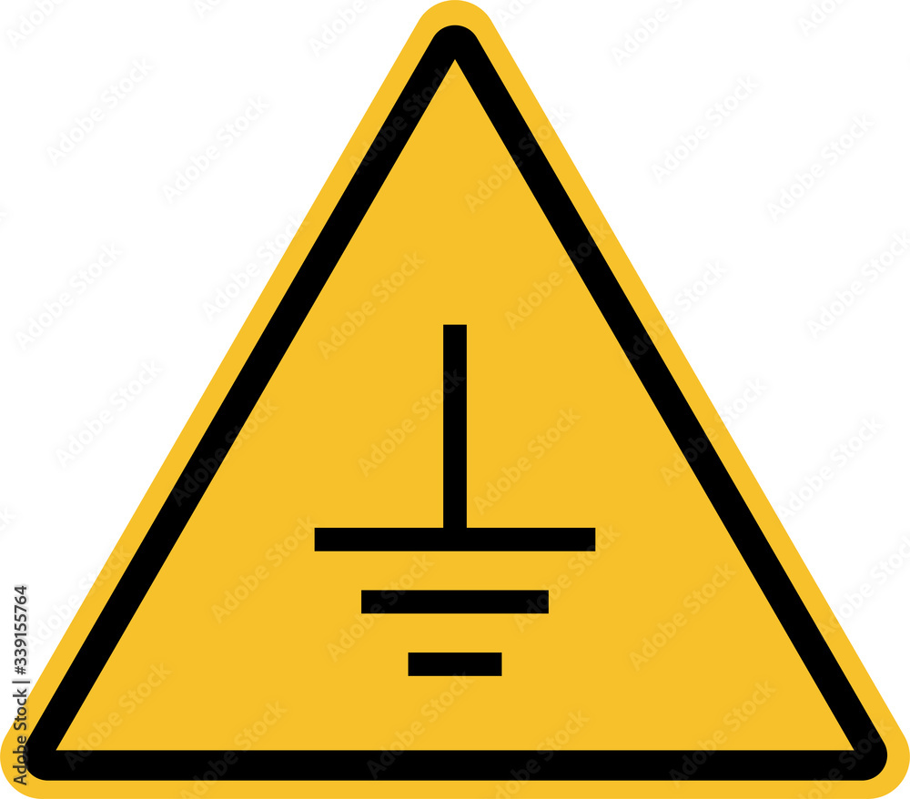 Electrical ground earth symbol. Triangle yellow background. Perfect for ...