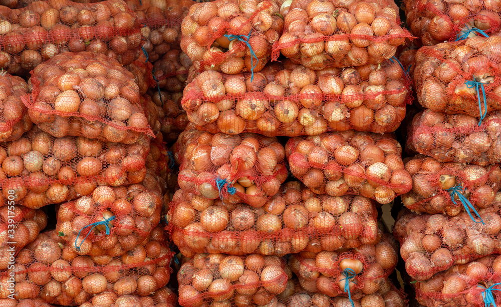 Onions in bags on the market. A bunch of onions with dry husks in the ...