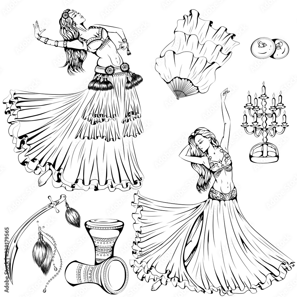 Vector Illustration Of Girls Dancing Belly Dance And Tribal Dance