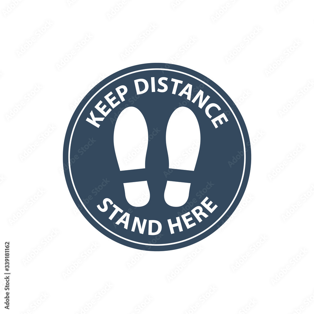 Steps on floor in circle, keep distance in line, stand here sign, queue ...
