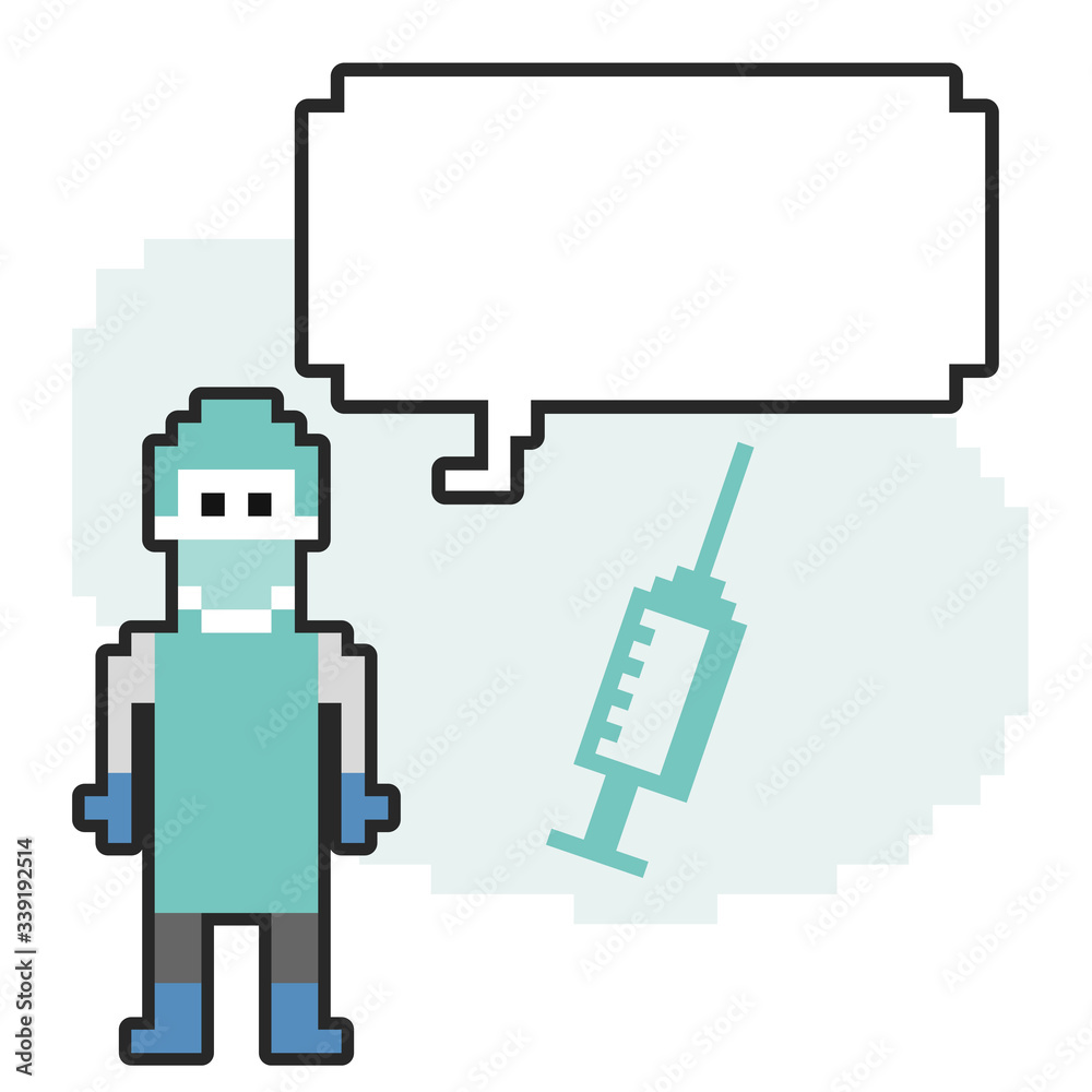 Pixel doctor character with speech bubble.Vector illustration. Separate ...