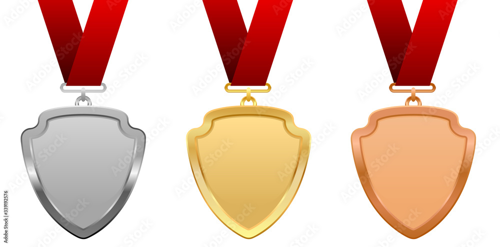 Shield award medals with red ribbons vector illustration. Separate ...