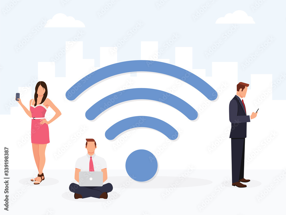 People in free internet zone. Male and female character use internet in ...