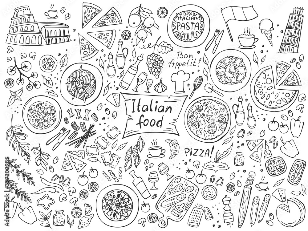 Set of Italian cuisine food isolated on white background. Doodle ...