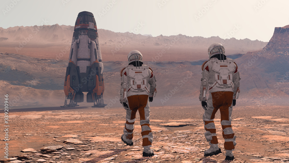 Astronaut Wearing Space Suit Walking On The Surface Of Mars. Exploring ...