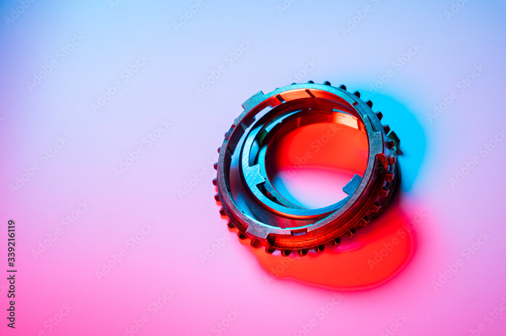 The individual elements of the transmission gear in the gearbox. A new ...