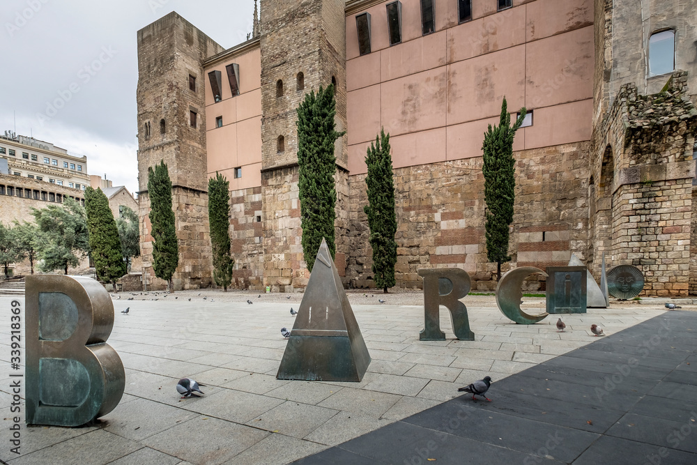 Monument with the name Barcino, ancient Roman name of the city of ...