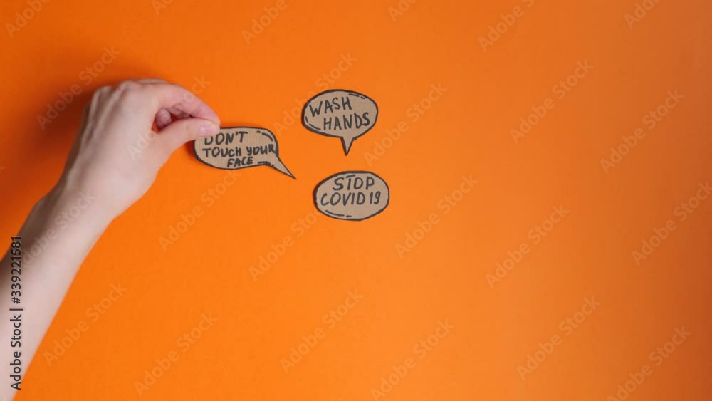 Stop COVID 19 cartoon speech bubbles on the orange background: wash ...