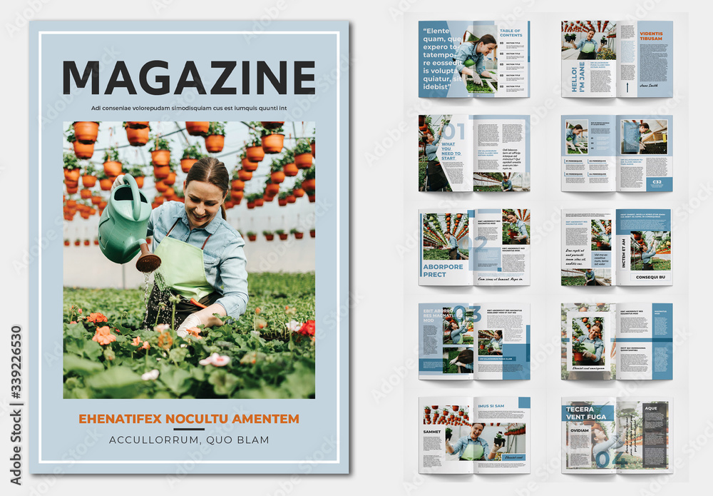 Magazine Layout with Blue Accents Stock Template | Adobe Stock