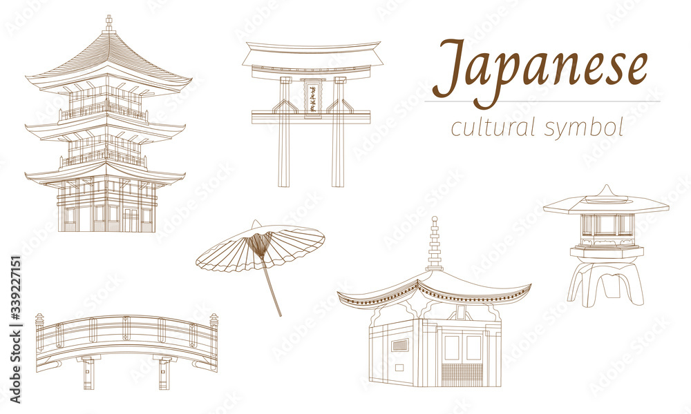 Set of contour Japanese houses and pagodas. Vector national symbols ...