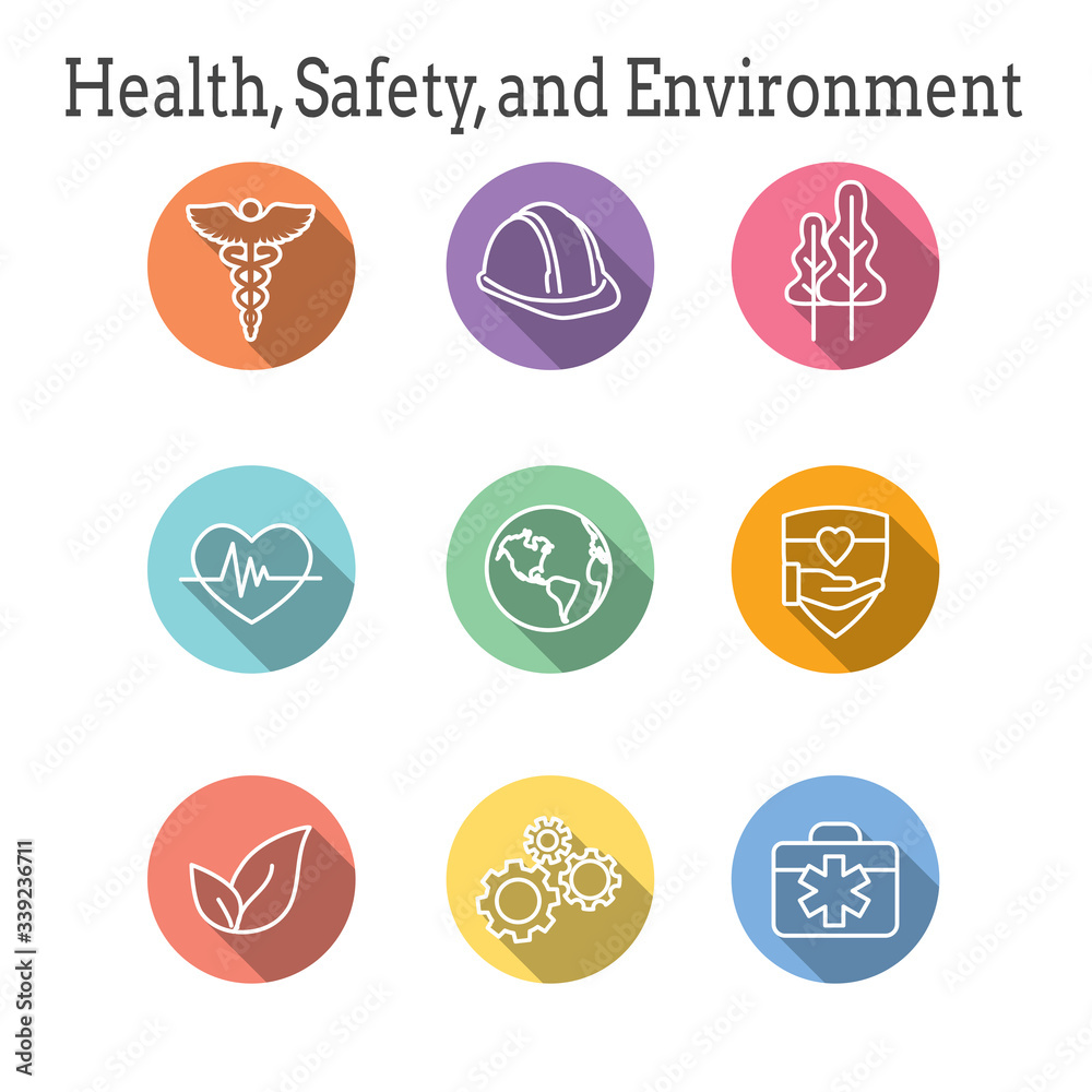 Health Safety and Environment Icon Set with medical, safety, & leaves ...