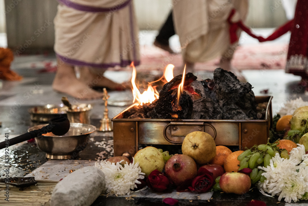 Indian Hindu Traditional Pooja. Vedic fire ceremony called Yagya ...