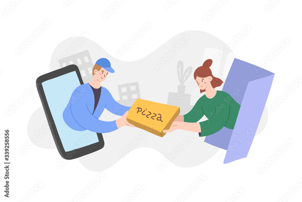Delivery app, courier handing hot pizza to client, woman customer ...