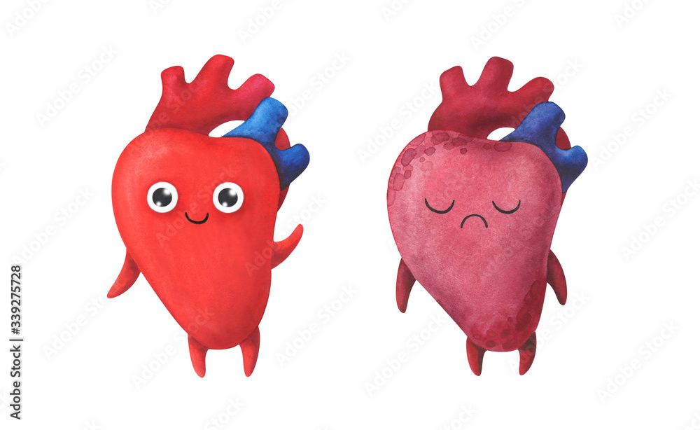 Heart. Healthy and diseased organ. Watercolor children's illustration ...