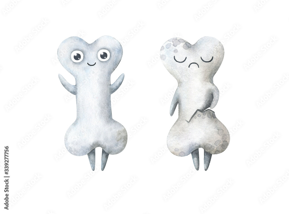 Bone. Healthy and diseased organ. Watercolor children's illustration ...