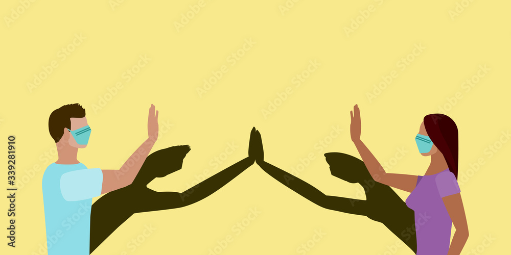 Social distancing greeting concept vector where two people high five at ...