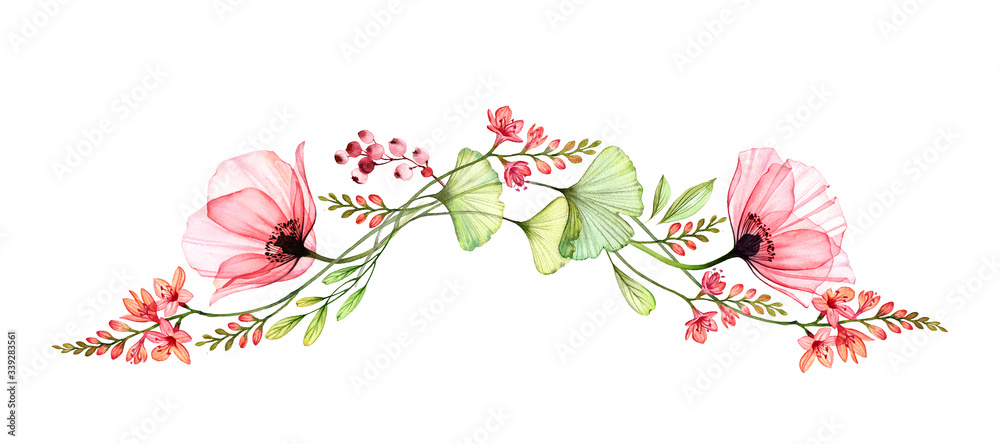 Watercolor floral border. Long horizontal design element in arch shape ...
