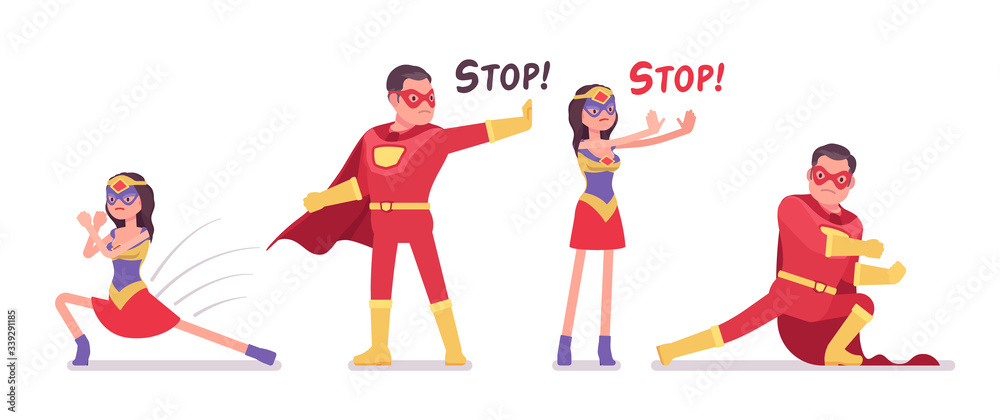 Male, female super hero wearing bright red costume, fight and stop pose ...