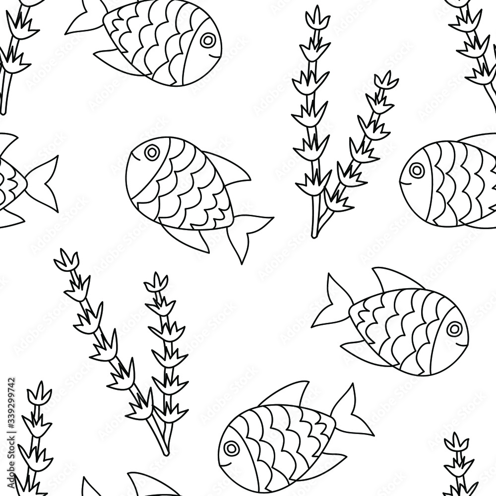 Cartoon fish swimming among seaweed: transparent seamless pattern ...