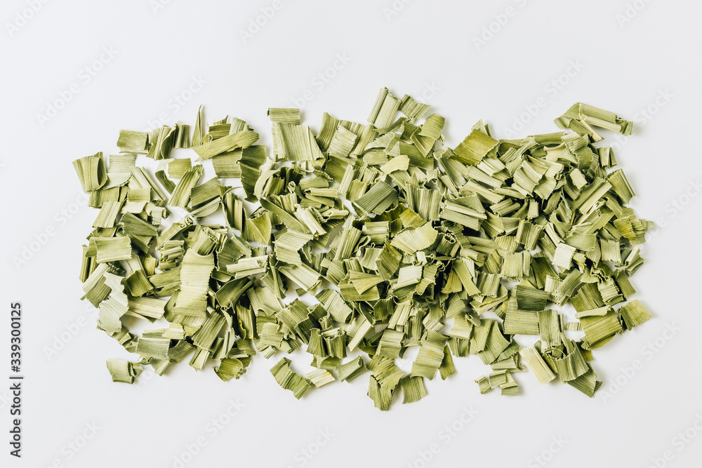 Dried shredded pandan leaf on white background. The leaf is processed ...