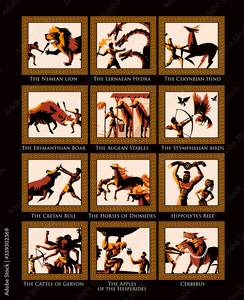 greek mythology hercules heracles 12 labours Stock Vector | Adobe Stock