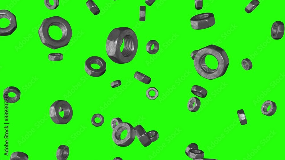 Rain of Stainless nuts falling on green screen or chroma key. 3d metal ...