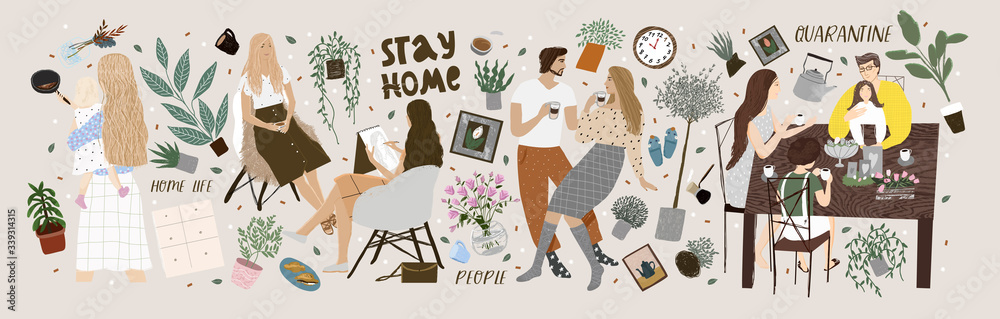 Stay at home! Vector cute illustration of Coronavirus quarantine ...