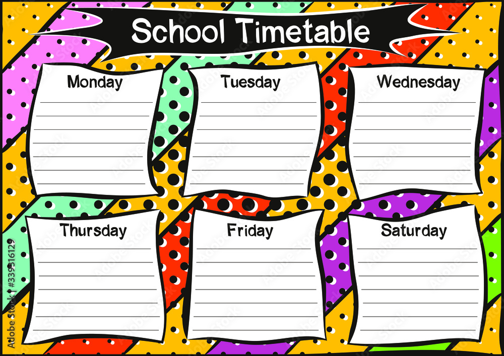 Bright template of a school schedule for 6 days of the week for ...