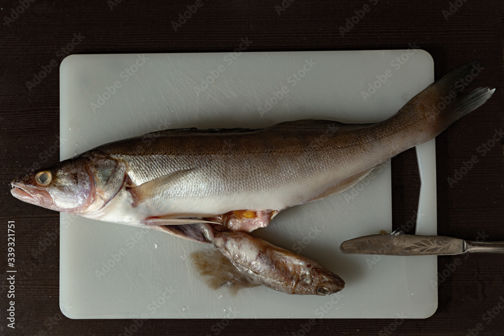 Predatory freshwater perch on a cutting board, fish sticking out of its ...