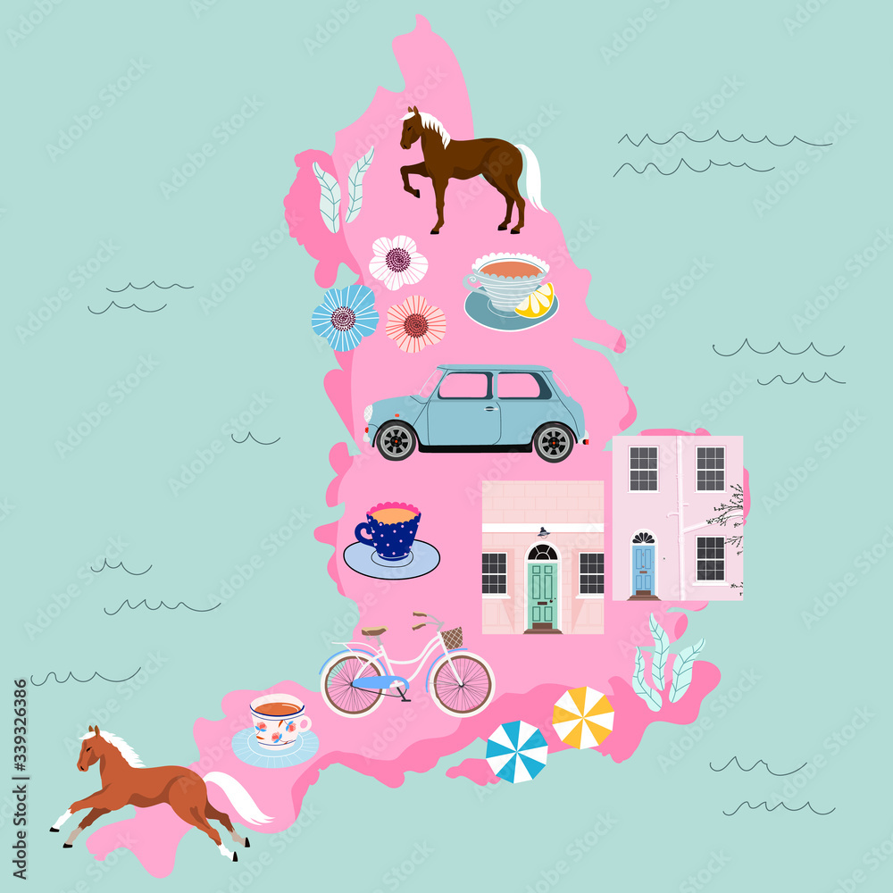 Illustrated map of England. Modern creative hand-drawn illustration of ...